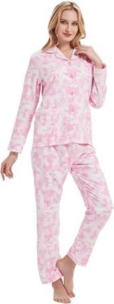 Global Femme Pyjama Flanelle Manches Long Ensembles de Pyjama Coton Chemises de Nuit Bouton Chaleureux Vêtements de Nuit Confortable,Nuances Roses,L