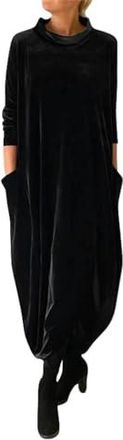 Generic Robe maxi en velours pour femme - Printemps et chute - D&eacute;contract&eacute;e - Col ras du cou - Manches longues - Avec poches - Robe d&eacute;t&eacute; l&eacute;g&egrave;re et longue, Noi