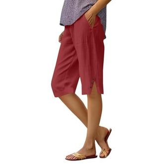 Generic Jupe-culotte capri en lin m&eacute;lang&eacute; pour femme avec taille &eacute;lastique, pantalon court longueur genou avec poches et ourlet boutonn&eacute;, pantalon de vacances