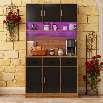 Generic 100x40x180cm, multifunktionales Buffet mit LED-Beleuchtung mit Fernbedienung, Schubladen, verstellbaren Einlegeb&ouml;den, Kabelf&uuml;hrungsl&ouml;chern und Steckdo