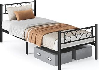 Vasagle Cadre de Lit 90 x 200 avec Sommier Métal, Lit 1 Personne, en Métal, Montage Facile, pour Petits Espaces, Chambre dAmis, Chambre Ado, Noir dencre RMB06