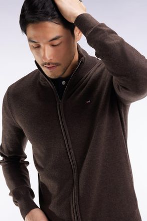 Eden Park Cardigan Zipp&eacute; En Laine Et Coton Marron Coupe Droite