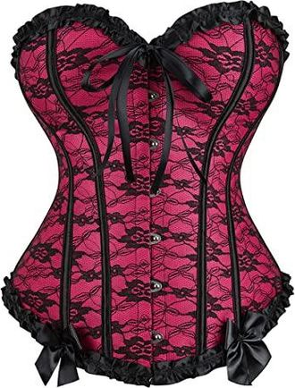 Grebrafan Vintage Corset Bustier Dentelle Rockabilly (EUR(34-36) M,Rose Rouge)