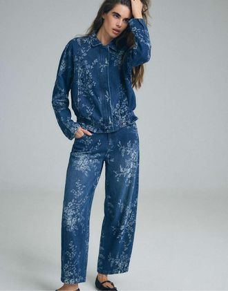 Stradivarius veste jacquard fleurie en denim bleu moyen