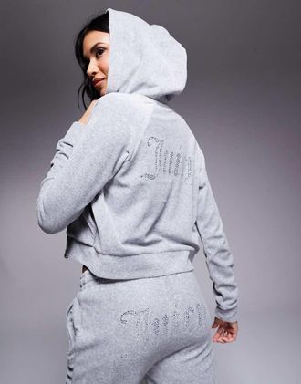 Juicy Couture Sweat densemble à capuche en velours avec fermeture éclair et logo à strass - Gris