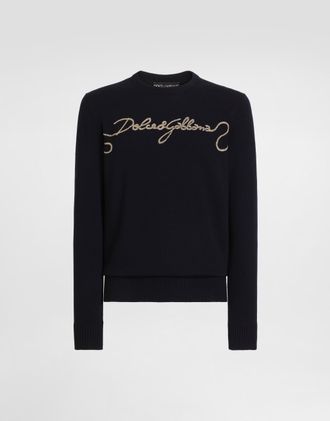 Dolce & Gabbana Pullover Aus Glatt Gestrickter Wolle Mit Stickerei - Mann Strickwaren Blau 52