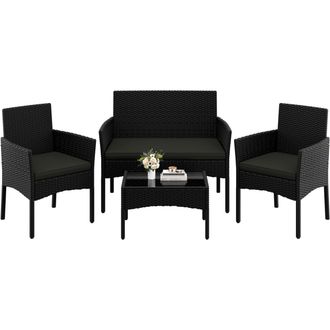 Yaheetech 4-er Gartenm&ouml;bel Set Balkonm&ouml;bel Set aus Polyrattan Terassenm&ouml;bel Au&szlig;en mit 2er Sofa, 2 St&uuml;hle, Tisch & Sitzkissen f&uuml;r Terrasse/Balkon/Garten, Schwarz