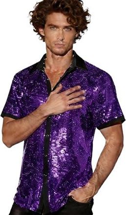 Generic Chemise pour homme &agrave; manches courtes et paillettes brillantes, col &agrave; revers, chemise boutonn&eacute;e, coupe d&eacute;contract&eacute;e, chemise brillante, sans plis, resp
