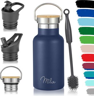 Milu Edelstahl Trinkflasche 350ml 500ml 750ml 1000ml (+3 Deckel) Thermosflasche mit Strohhalm Isolierte Wasserflasche für Kinder, Erwachsene, für unterwegs