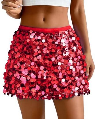 Generic Jupe &agrave; paillettes pour femme avec taille &eacute;lastique, jupe &agrave; paillettes avec taille &eacute;lastique, jupe midi, jupe trap&egrave;ze, jupe trap&egrave;ze, mini jupe scintill
