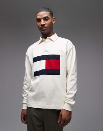 Tommy Hilfiger Polo de rugby &agrave; logo drapeau - Cr&egrave;me-Blanc