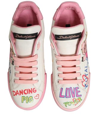 Dolce & Gabbana Mens White Pink Portofino Royal Pig Sneakers Shoes Calf Leather