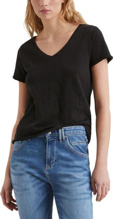 Marc O'Polo Damen B41238551135 T-Shirt Mit V-Ausschnitt, Bequemes Oberteil Aus Bio Baumwolle, Urbanes Kurzarmshirt Für Frauen, Schwarz, XL EU