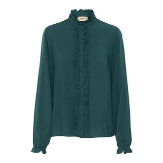Cream Frill Shirt mit Puff&auml;rmeln Sea Moss - - Blouses & Shirts - Damen - Gr&uuml;n - M