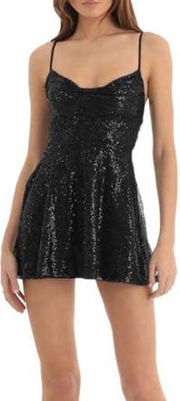 Generic Robes de soir&eacute;e &agrave; paillettes scintillantes pour adolescentes, courtes et serr&eacute;es en dentelle &agrave; bretelles spaghetti pour femmes et, Noir, XL