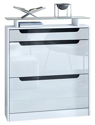 Vladon Schuhschrank Fiesta, Wei&szlig; matt/Wei&szlig; Hochglanz/Schwarz Hochglanz Schuhkipper f&uuml;r 16 Paar Schuhe mit 2 Klappen (89 x 104 x 23 cm)