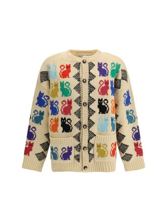 Valentino Mens Cardigan Le Chat Jacquard Multicolour Fleece Wool Sweater