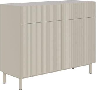 Selsey Kommode Mit Schubladen, 100 cm Breit, Greige Moderne Kommode Mit Zwei T&uuml;ren Und Gefr&auml;ster Front, 2 Leisen Schubladen, Kommoden & Sideboards, Stabilit&auml;