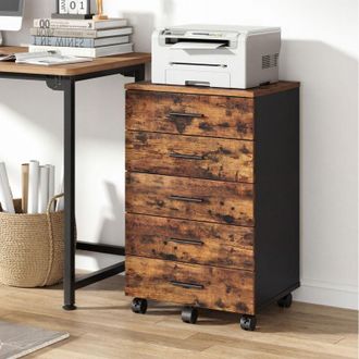 Vasagle Caisson de Bureau &agrave; Roulettes, Support pour Imprimante, avec 5 Tiroirs, Rails Coulissants, Marron