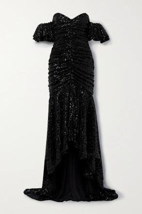 Nervi Crown Schulterfreie, Asymmetrische Robe Aus T&uuml;ll Mit Pailletten Und Raffungen - Schwarz