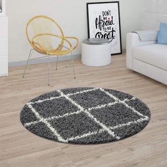 Paco Home Shaggy Hochflor Teppich Wohnzimmer Skandinavisches Muster Rautenmuster Modern Dunkelgrau Creme, Grösse:Ø 80 cm Rund