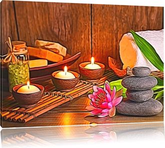 Pixxprint leuchtende Kerzen mit zarter Seerose und Zen Steinen, Größe: 60x40cm, Leinwandbild, fertig gespannt, Wandbild, Dekoration, Kunstdruck, kein Poster