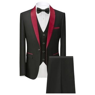 Generic Costume 3 pi&egrave;ces pour homme, coupe ajust&eacute;e, couleur unie, blazer, gilet, pantalon, ch&acirc;le, revers &agrave; un bouton, smoking, Noir 2, XXL