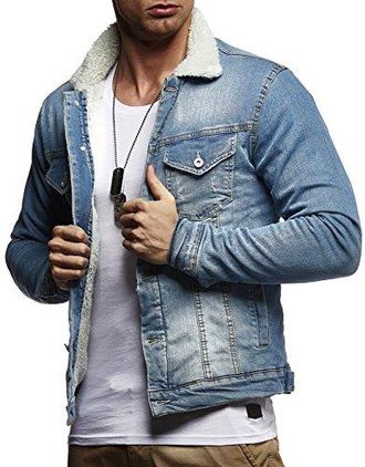 LEIF NELSON LN9610 Veste en jean extensible, pour homme, avec fourrure et col montant, veste de transition, de loisirs, slim, basique, bleu clair, L