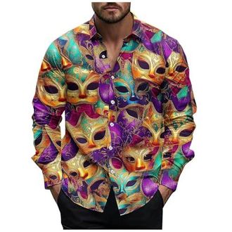 Generic Chemise de bowling color&eacute;e boutonn&eacute;e en satin &agrave; manches longues pour homme - Haut d&eacute;contract&eacute; &agrave; manches longues pour carnaval, bo&icirc;te de nuit, soir&eacute;e d