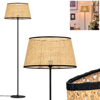 HOFSTEIN Stehleuchte Ramila, Stehlampe aus Metall/Wiener Geflecht/Rattan in Schwarz/Natur/Beige, Leuchte im skandinavischen Design, runder Schirm (&Oslash; 45cm), Fu&szlig;