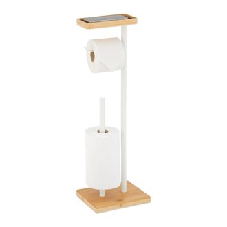 Relaxdays Toilettenpapierhalter, für 3 Ersatzrollen, Ablage, Bambus, Metall, 66,5x21x17 cm, WC-Rollenhalter, weiß/Natur