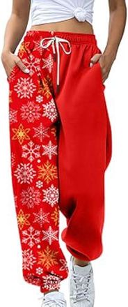 Generic Pantalon de Noël en coton avec poches pour femme, pantalon ample à jambe droite pour femme, pantalon à revers taille élastique, pantalon baggy surdime