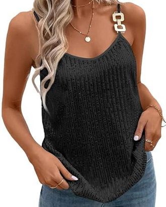 Bsubseach Débardeur dété sexy à paillettes pour femme - Sans manches - Carnaval - Fête - Club, Noir, M