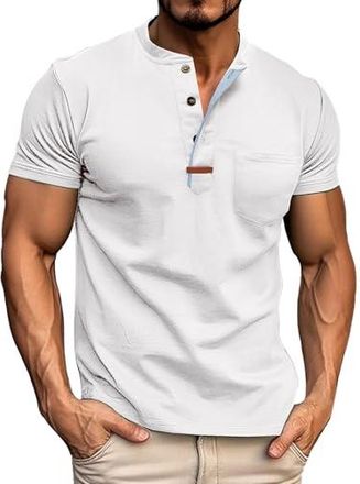 Generic Henley Polo dété à manches courtes pour homme avec poche et col boutonné, Z02 - Blanc, 3XL