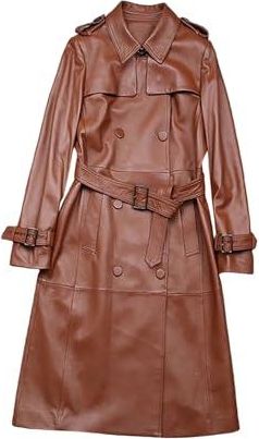 Generic Manteau en cuir pour femme - Double boutonnage ceinture revers mode v&eacute;ritable peau de mouton mince Trench Coat, EN8, M