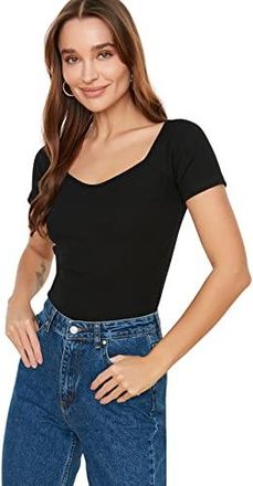 Trendyol Woman Fitted Bodycon Scoop Neck Knit Blouse Chemise, Black, L Femme