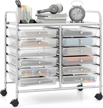 Giantex Chariot de Rangement, 12 Tiroirs, roulettes Pratiques, Grande Planche de Travail, Poignées Latérales, Glissières Douces, Chariot Polyvalent pour Salon