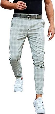 Generic Pantalon chino pour homme - Coupe ajustée - Stretch - Motif écossais - Pantalon décontracté - Pantalon chino à carreaux - Pantalon extensible - Pantal