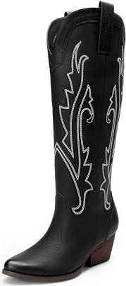Dream Pairs Bottes Femme Hautes Western, Bottes Cowboy jusquau Genou avec Broderie Vintage Confortables Style Cowgirl Knee High Boots,Size 38.5,Noir,DWUMKB2501