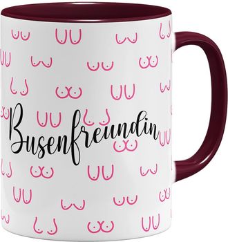 OM3 witzige Busenfreundin Kaffee-Tasse mit Brüsten Doodle BFF Brüste-Muster - Keramik Becher - 325ml - Rundumdruck - Bordeaux