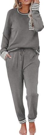 Ekouaer Pyjama Femme Long Ensemble Deux Pièces Col Rond Vêtements De Nuit Doux Costume De Maison Et De Loisirs, Gris Moyen, M
