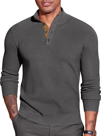 Coofandy Herren Pullover Half Neck Stehkragen Retro Strickpullover mit 1/10 Kn&ouml;pfe Wildleder Pulli Winterpullover Sweater Dunkelgrau XXL