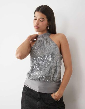 Motel top &agrave; col halter &agrave; sequins argent&eacute;s
