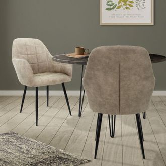 ECD Germany 2er Set Esszimmerstühle mit Rücken- und Armlehnen, Olive, Küchenstühle mit Kunstlederbezug & Metallbeinen, Ergonomische Polsterstühle für Esstisch