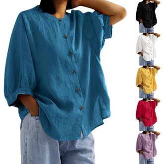 Generic HUIFUAO - Chemise d&eacute;t&eacute; &agrave; manches 3/4 en lin pour femme, grande taille, l&eacute;g&egrave;re et respirante, chemisier habill&eacute; boutonn&eacute; &eacute;l&eacute;gant, chemise de bureau ten