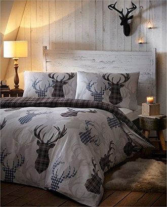 Portfolio Home Homespace Direct Bettw&auml;sche-Set Bettbezug & 2 Kissenbez&uuml;ge Karomuster Hirsch Super-Kingsize grau