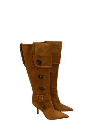 Sergio Rossi Brown Suede Buckled Button Down Knee Boots Size 38