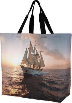 Generic Voilier Blanc Au Coucher Du Soleil Sac Courses D&eacute;contract&eacute; Sacs R&eacute;utilisable Sac Cabas Pour Quotidienne Voyage Gym