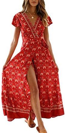 Minetom Robe Col V Fleur Manches Courtes Imprimé Floral Longue Décontracté Manche Courte Robes Ete Plage Maxi Robe avec Ceinture B Rouge XS