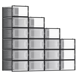 Songmics Schuhboxen, 18er Set, Schuh-Organizer aus Kunststoff, faltbar und stapelbar, f&uuml;r Schuhe bis Gr&ouml;&szlig;e 44, transparent-schwarz LSP18SBKV1